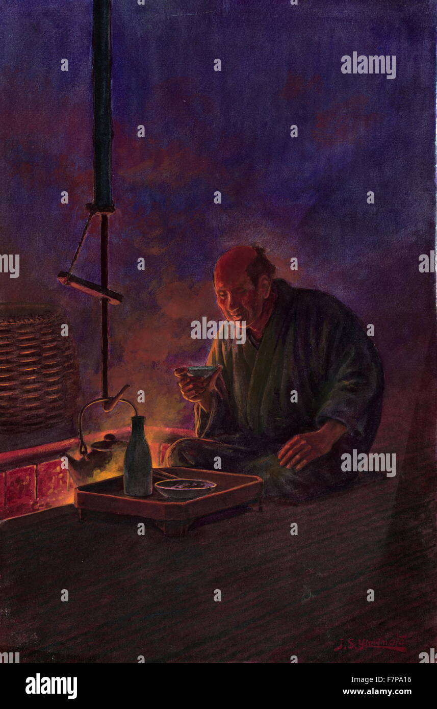 Man drinking sake before the hearth. Drawing of watercolour on paper ...