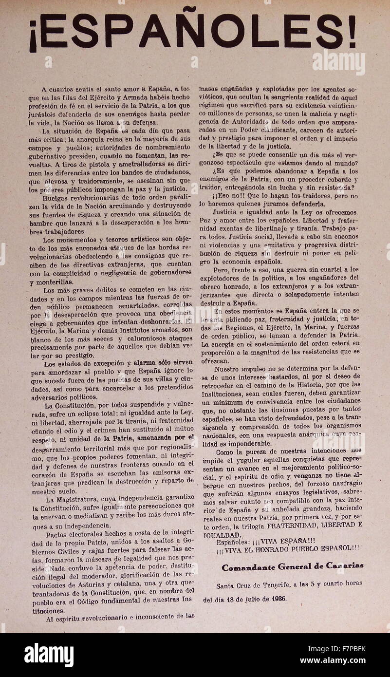Statement issued by Francisco Franco 1892 – 1975, dictator of Spain at ...