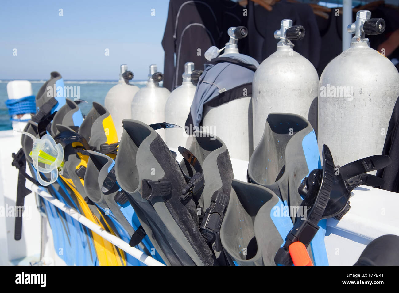 Diving equipment positioned on a deck of a boat Stock Photo - Alamy