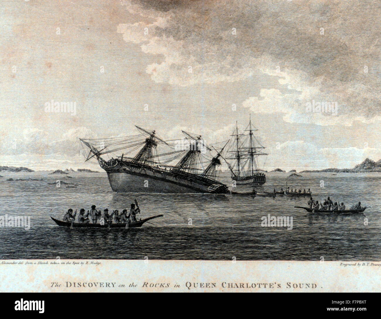 The Discovery on the rocks in Queen Charlotte's Sound. Latitude 51 02 N ...