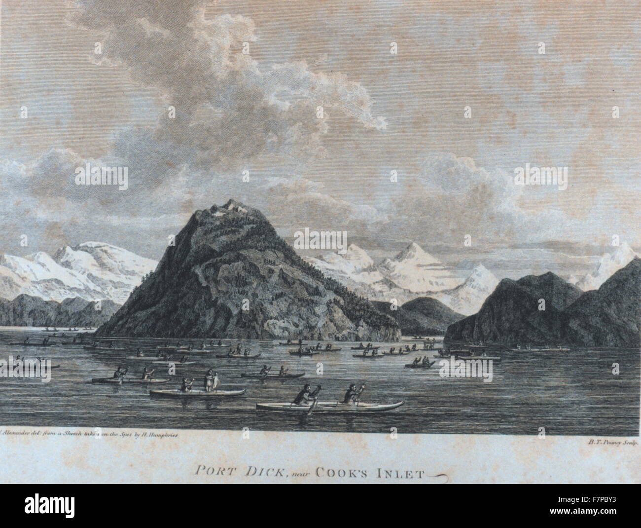 Coastal scene with native Americans at Port Dick on the Kenai Peninsula ...