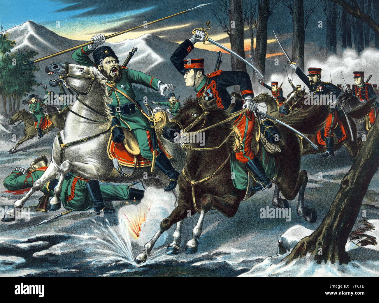 Woodcut illustration showing Japanese and Russian cavalry troops on ...