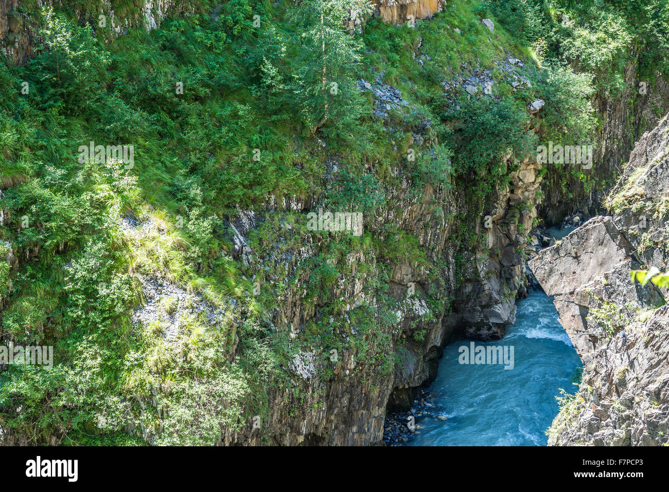 Inguri river gorge next to the road from Mestia town to Ushguli ...