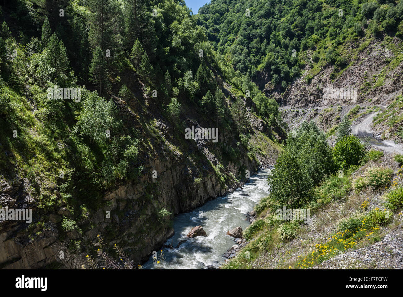 Inguri river gorge next to the road from Mestia town to Ushguli ...
