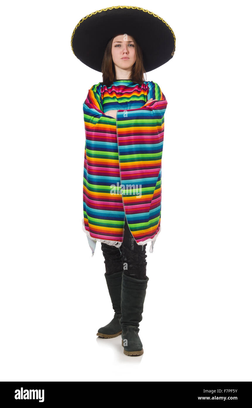 Pretty mexican girl in vivid poncho isolated on white Stock Photo - Alamy
