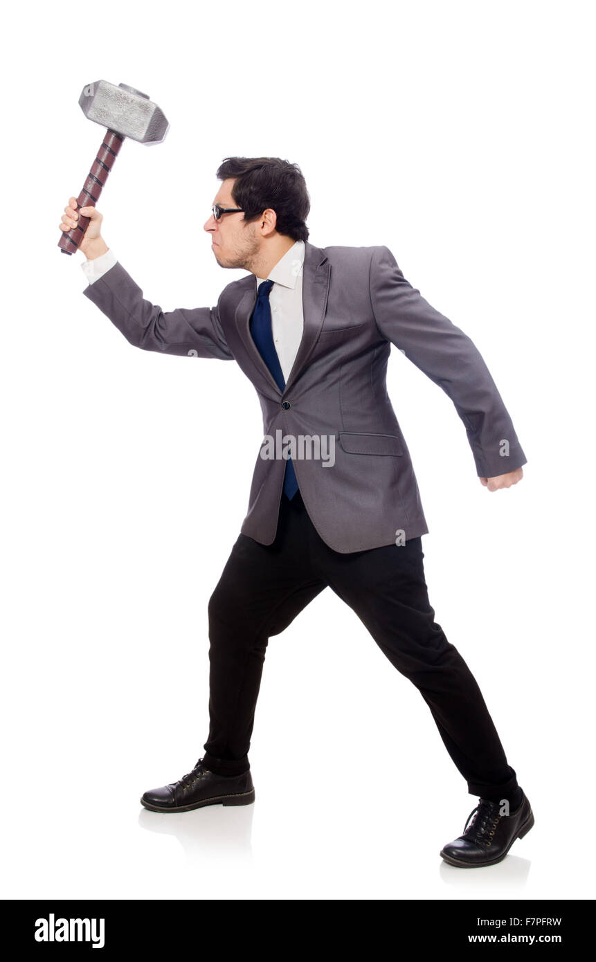Business man holding hammer isolated on white Stock Photo - Alamy