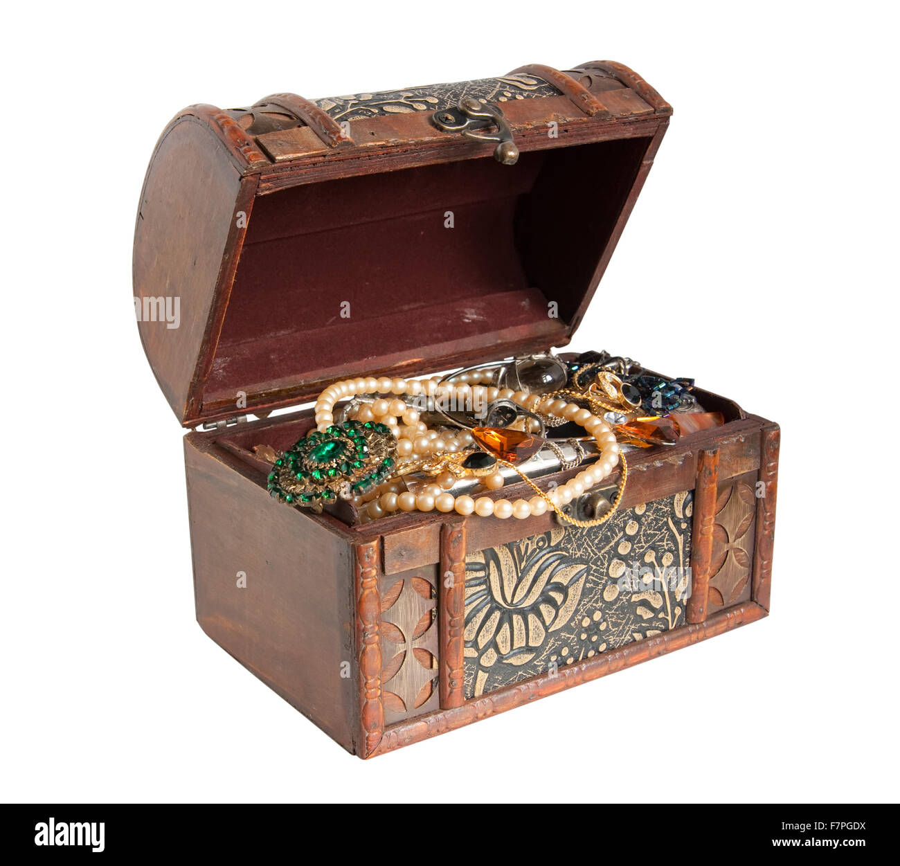 Wooden treasure chest with valuables, isolated with clipping path Stock ...
