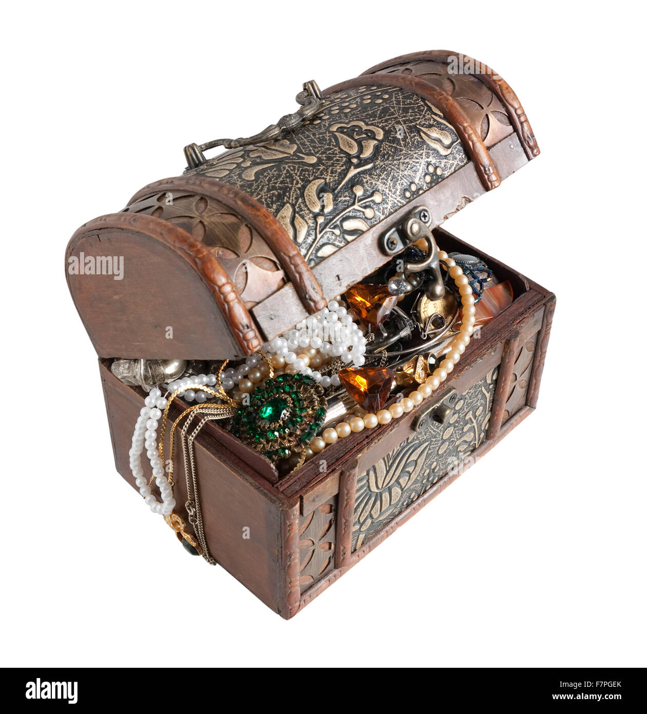 Wooden treasure chest with valuables, isolated over white background ...