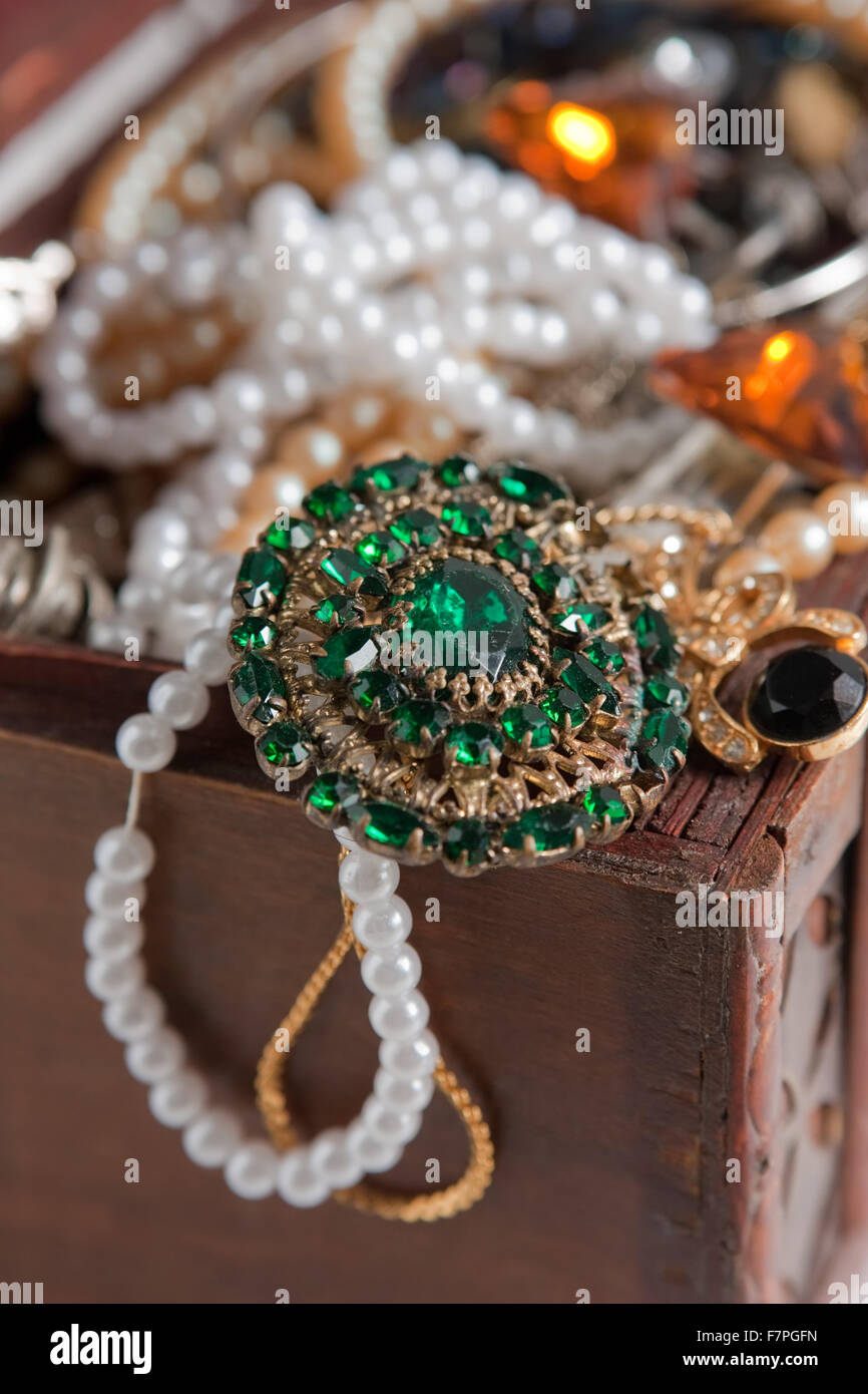 Closeup of Wooden treasure chest with valuables Stock Photo - Alamy