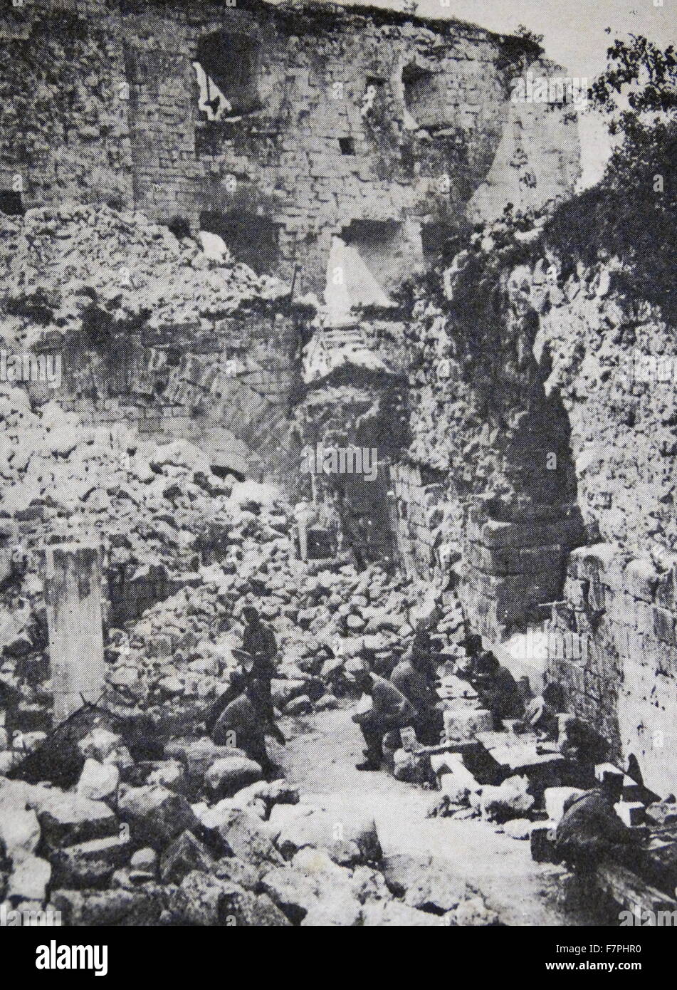 Photograph of shattered trees after a bombing during the Second World ...