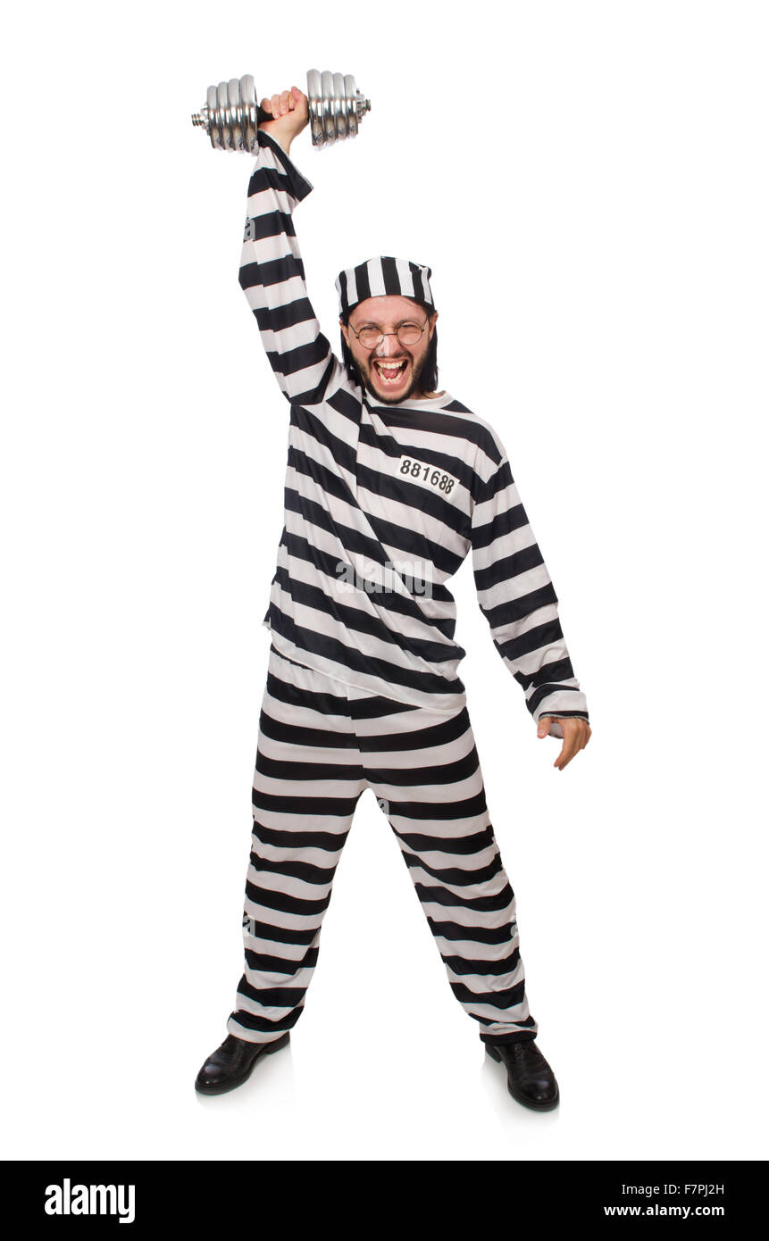 Prison inmate with dumbbells isolated on white Stock Photo - Alamy