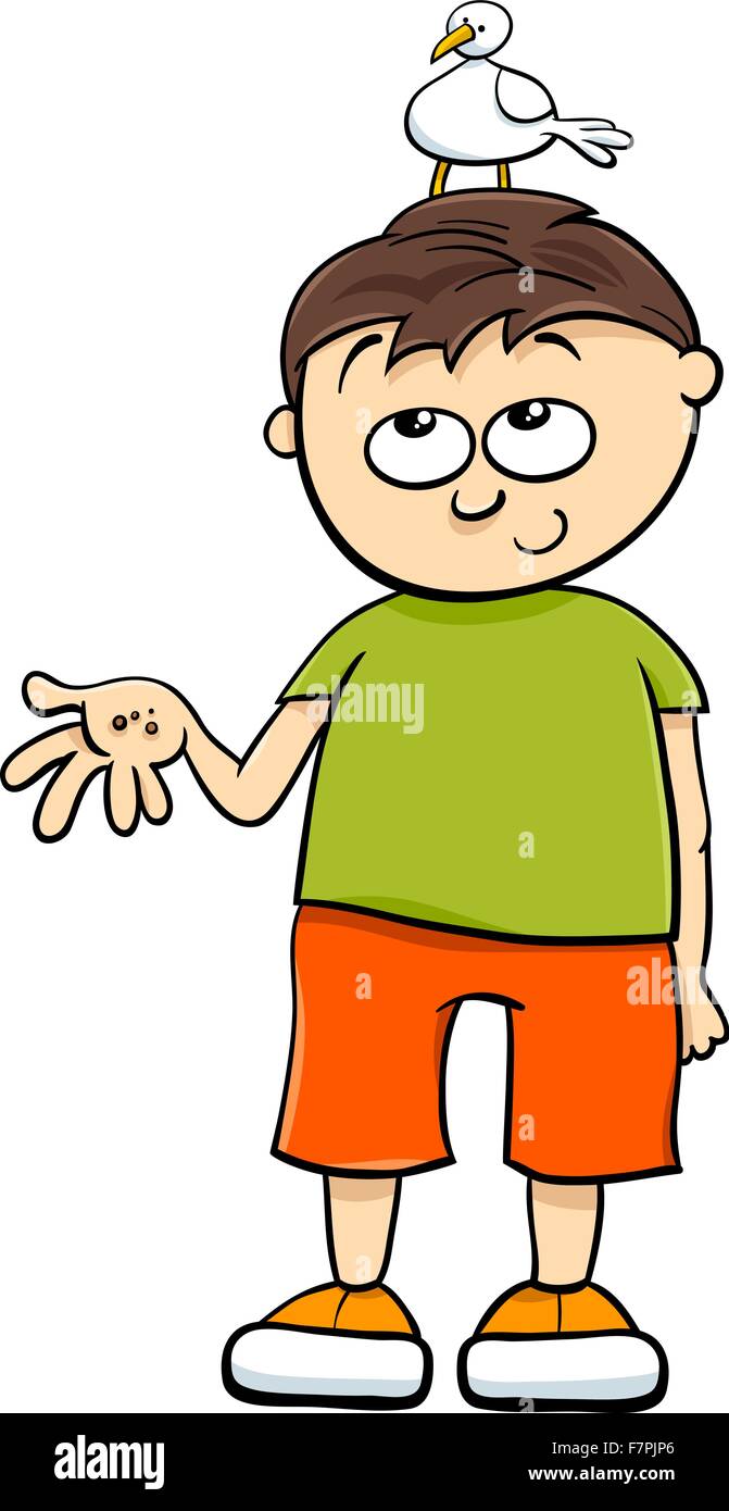 Cartoon Illustration of Cute Boy with Bird on his Head Stock Vector ...