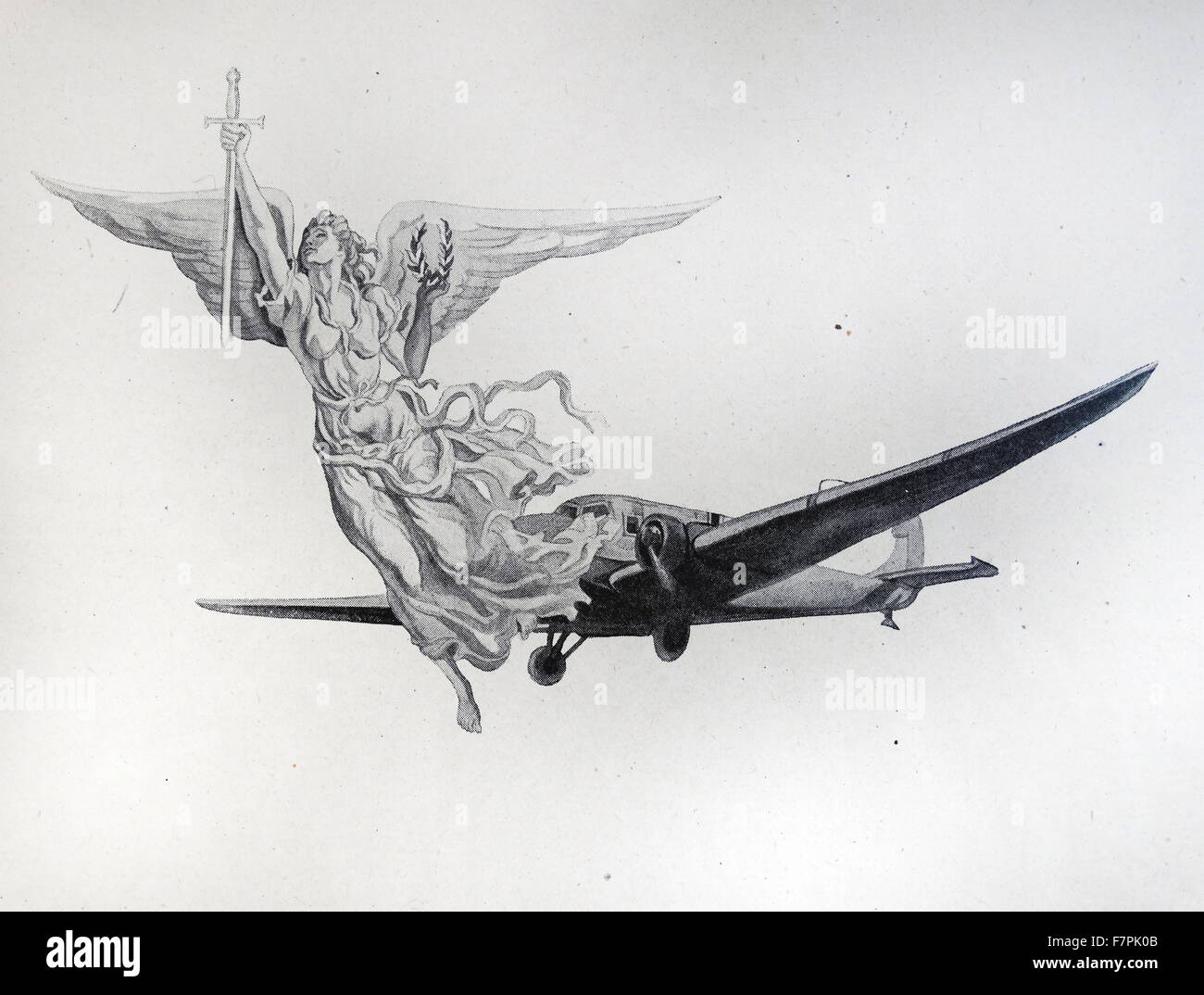 Propaganda illustration depicting a winged victory figure floating in ...