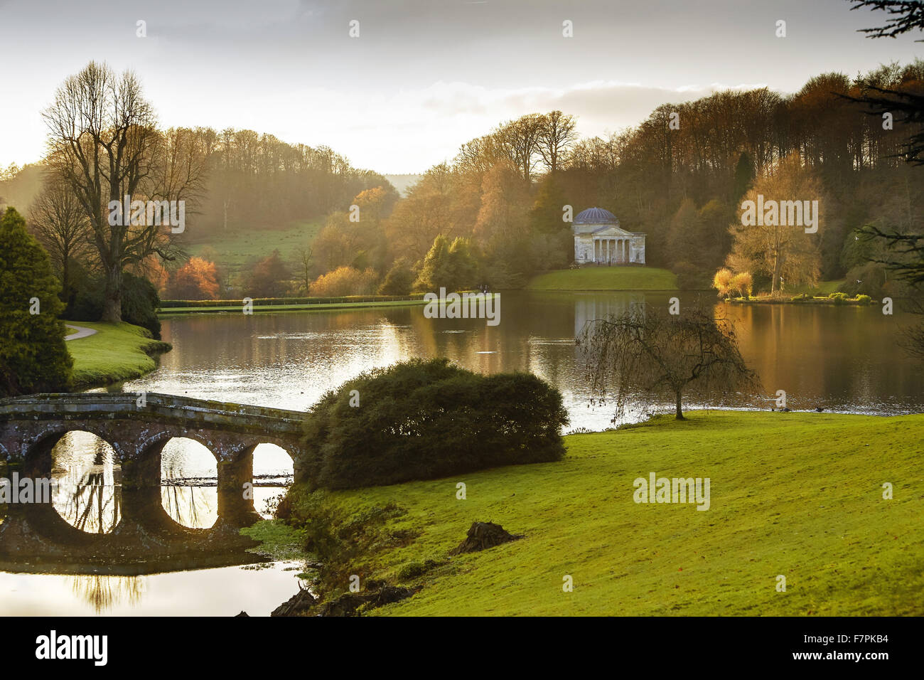 The Pantheon seen from across the lake in the winter at Stourhead ...