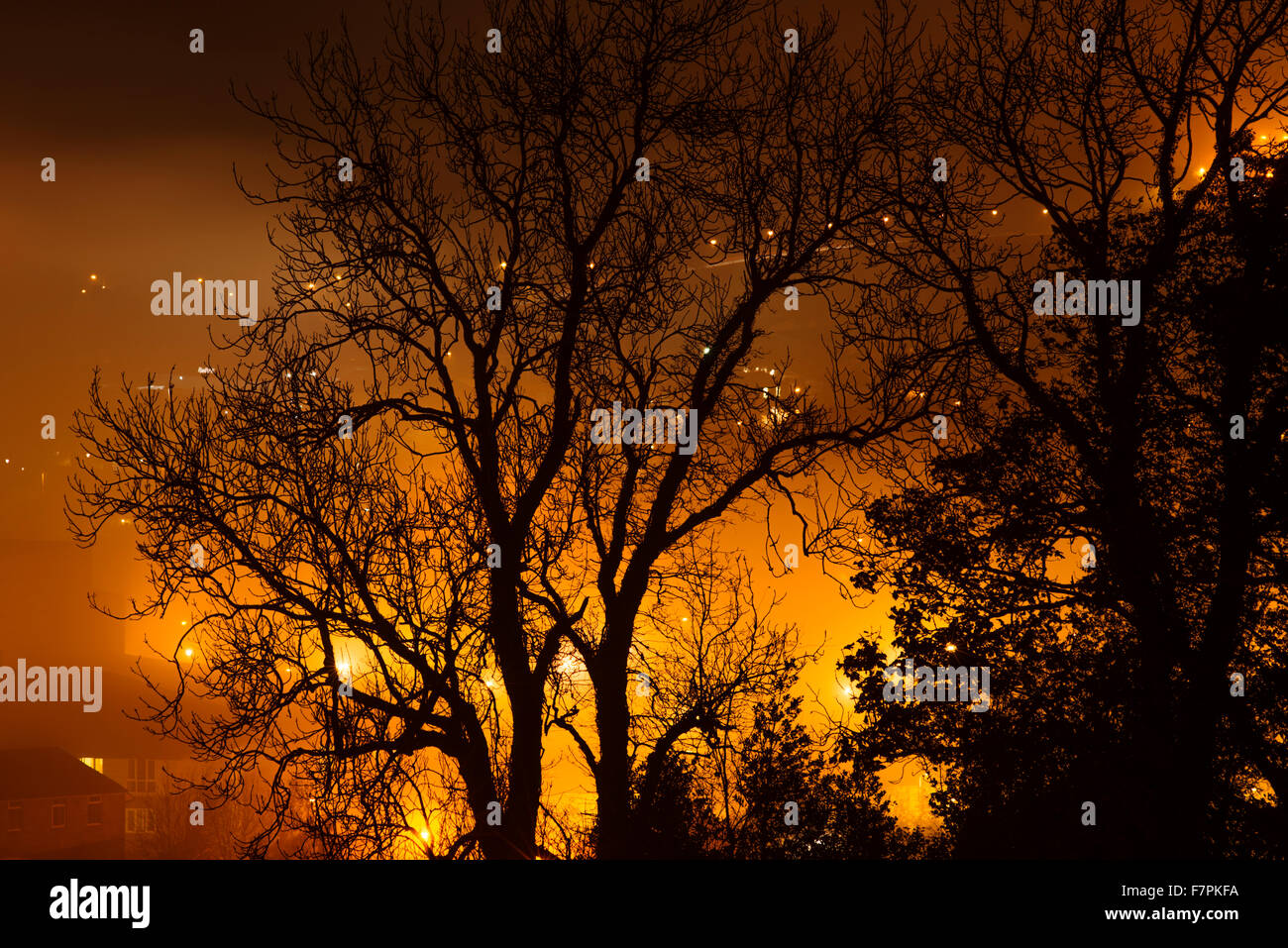 Night time scene in Hexham with an orange glow caused by streetlighting ...