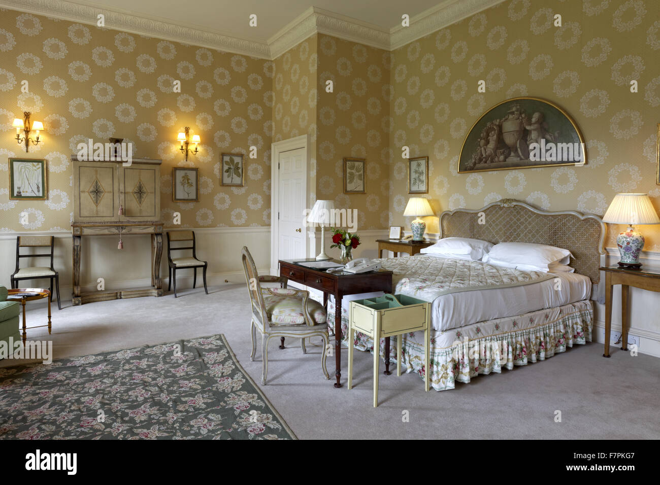 A bedroom at Hartwell House, Buckinghamshire. Hartwell House is part of ...