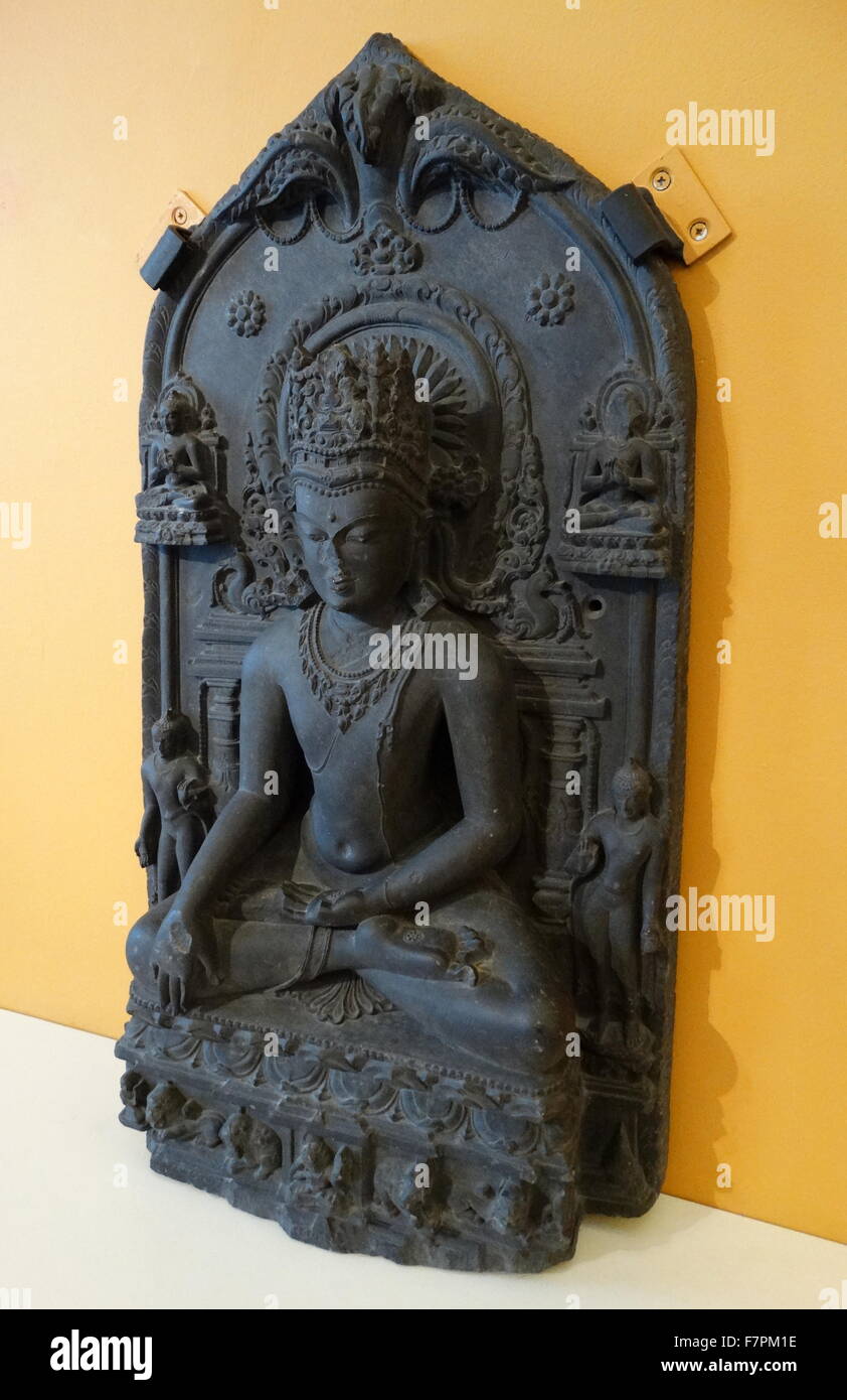 Sculpture depciting a Crowned Seated Buddha from the Pala period. Bihar ...