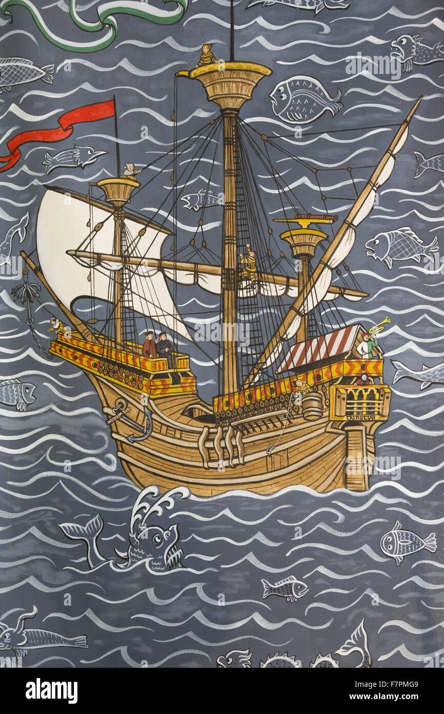 A painted cloth of a ship at sea in the first floor hall at Tudor ...