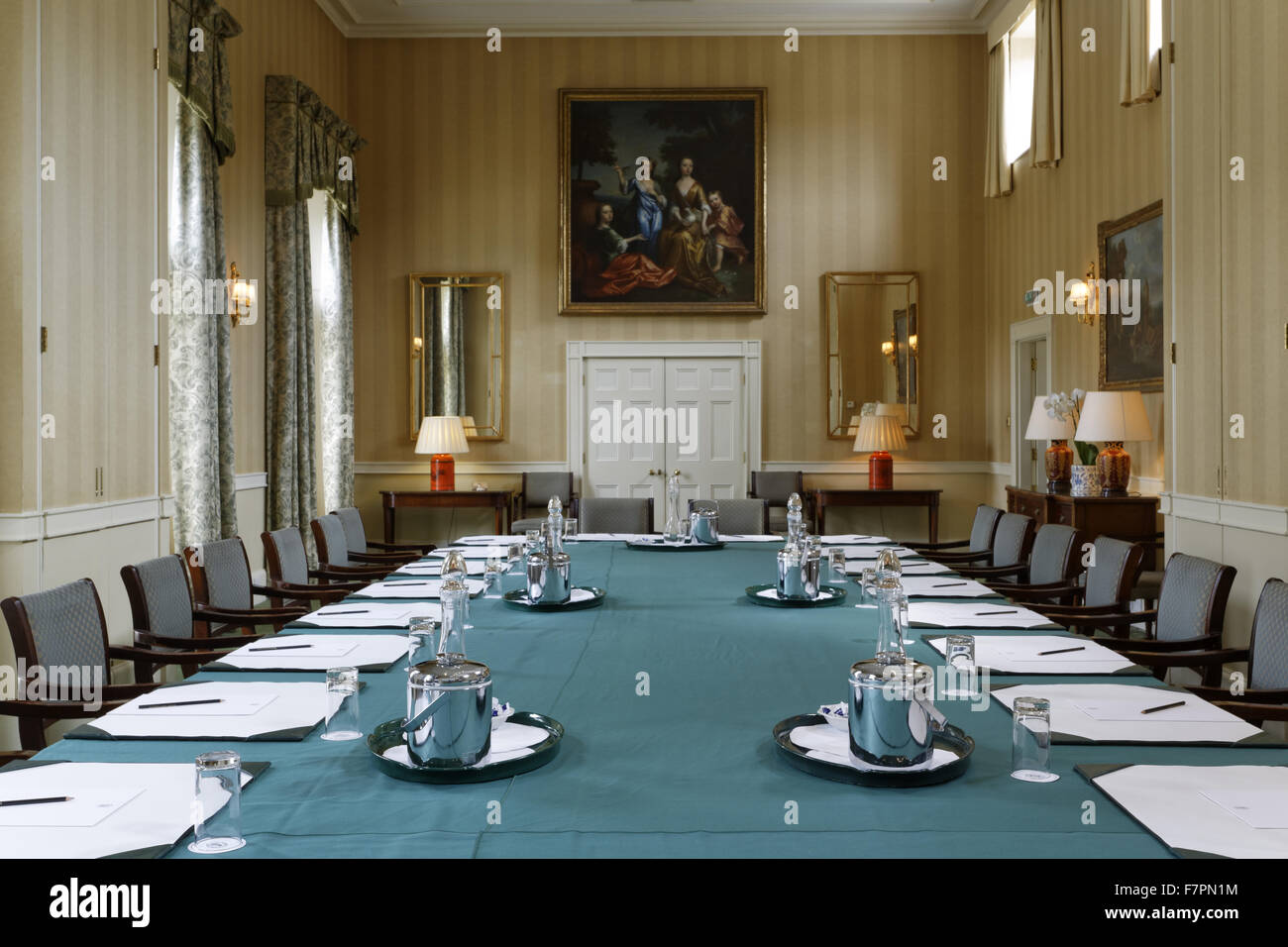 Table set for a meeting in the Hartwell Rooms, Hartwell House ...