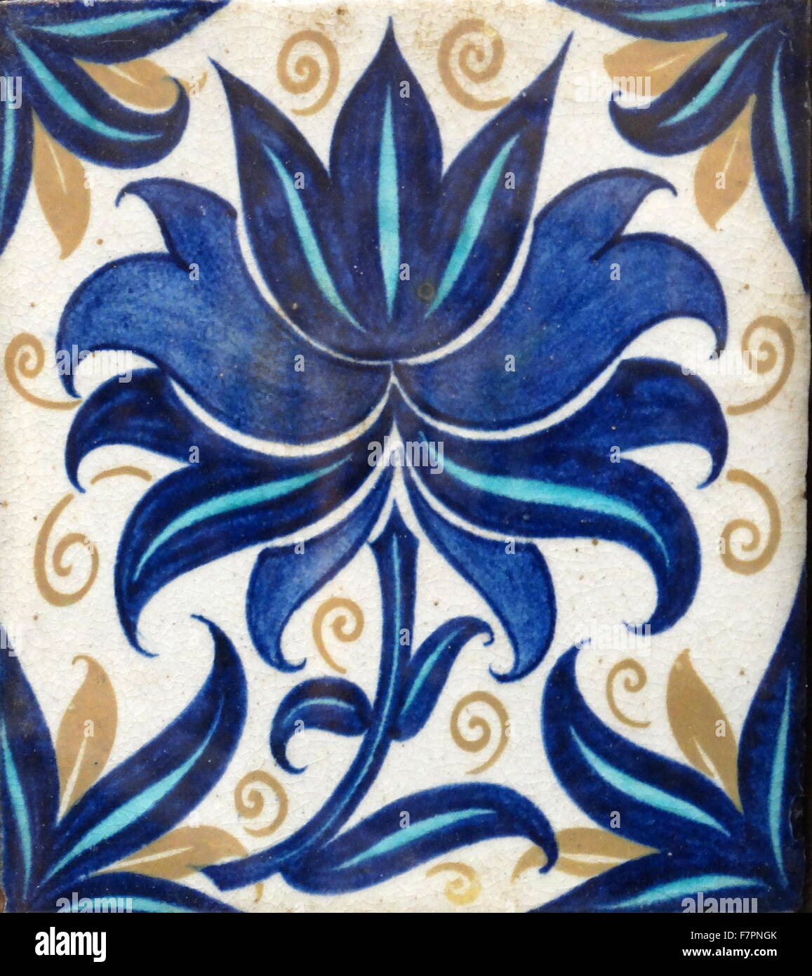 Earthernware tile with lotus pattern, with underglaze blue and lusters ...