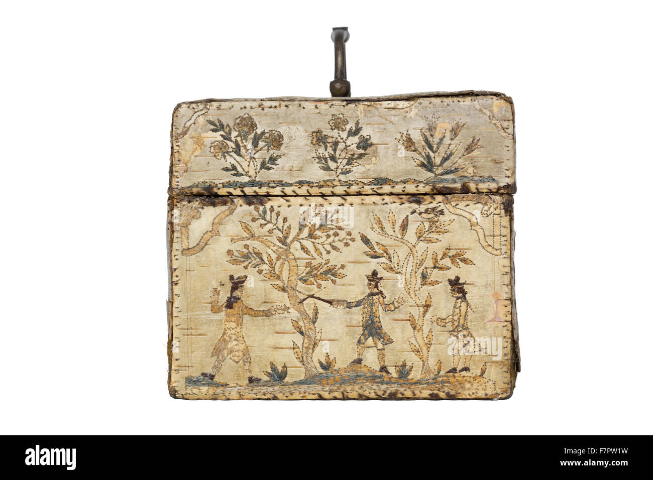 The left-hand side of a birch bark box, embroidered with moose hair ...