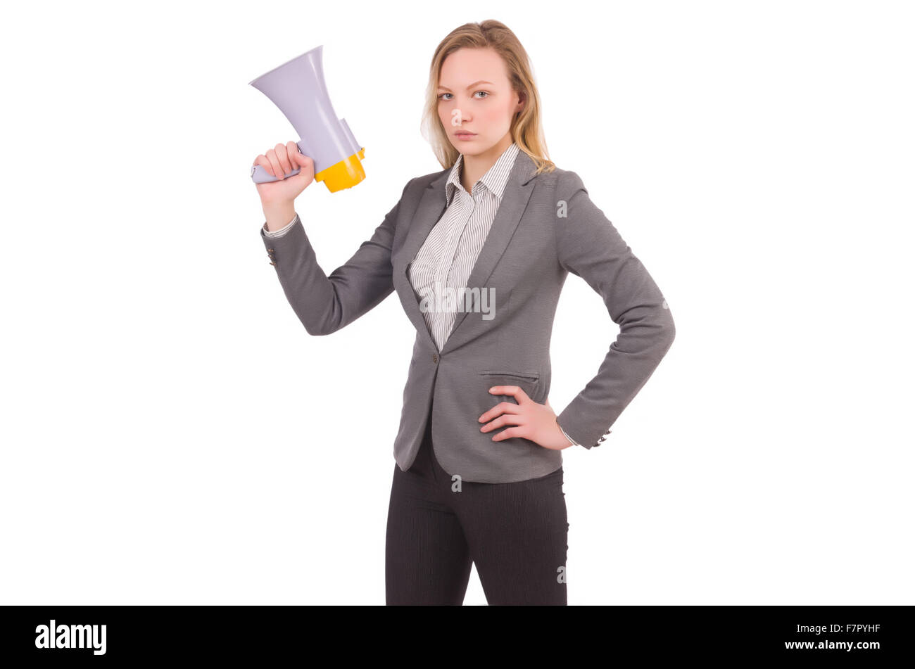 Businesslady with megaphone isolated on white Stock Photo - Alamy