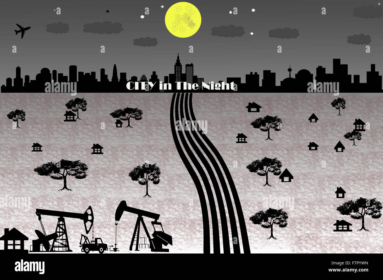 Cityscape of countryside in night time with full moon Stock Photo - Alamy