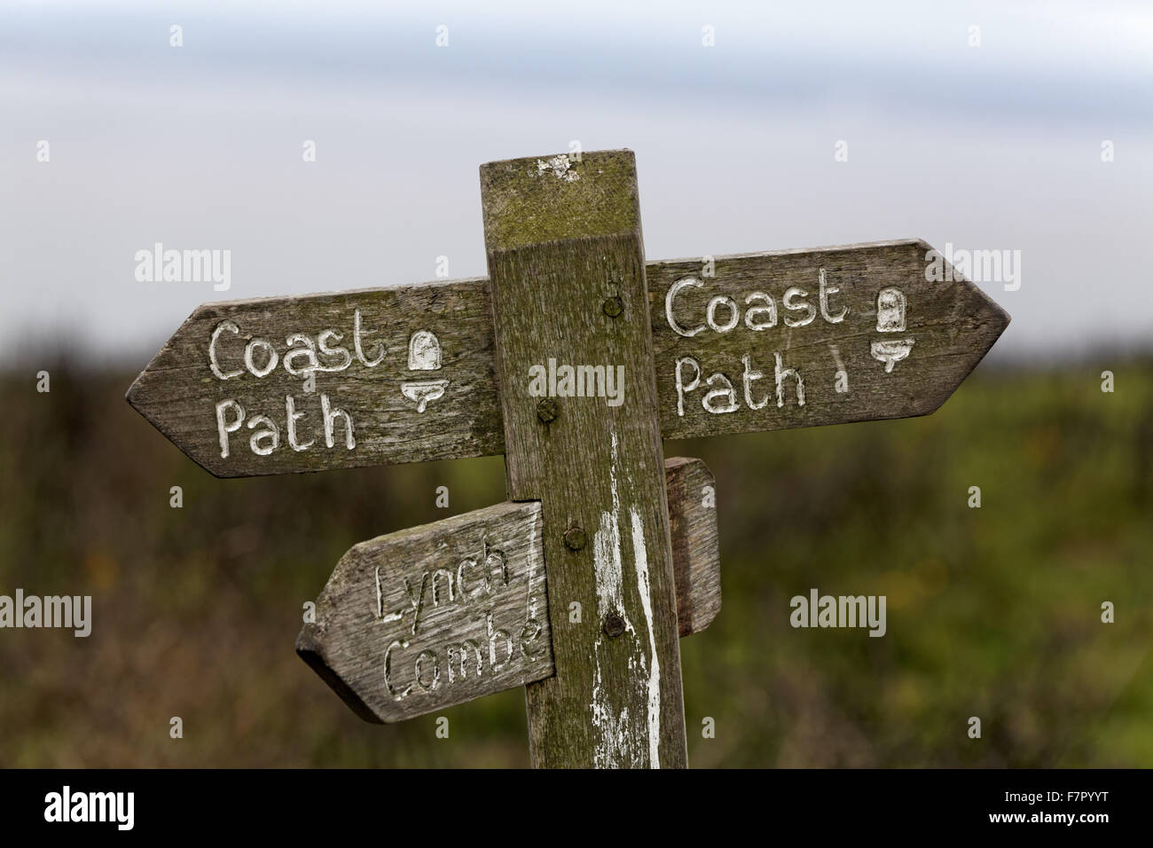 Coastal path signpost on the Holnicote Estate, Exmoor National Park ...