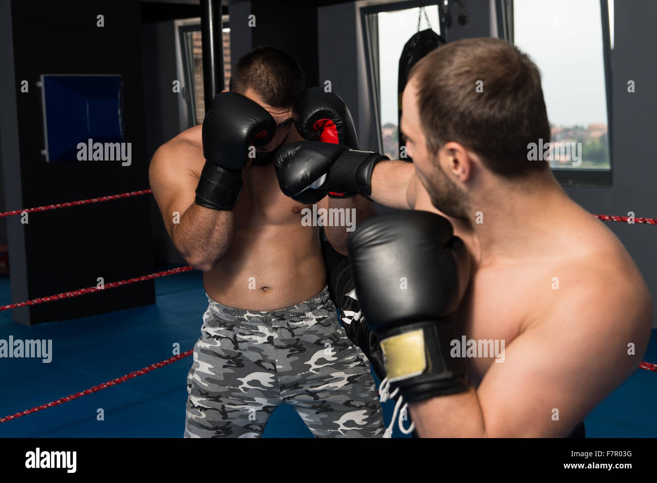 Strong Boxer And His Opponent During A Box Fight In A Ring Stock Photo ...
