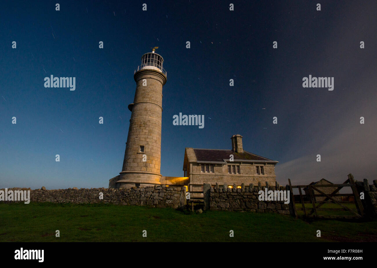 Lundy Old Light lighthouse against a deep blue night sky Stock Photo ...