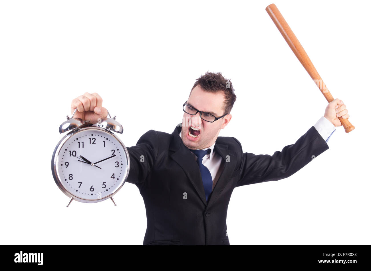Man hitting the clock with baseball bat isolated on the white Stock ...