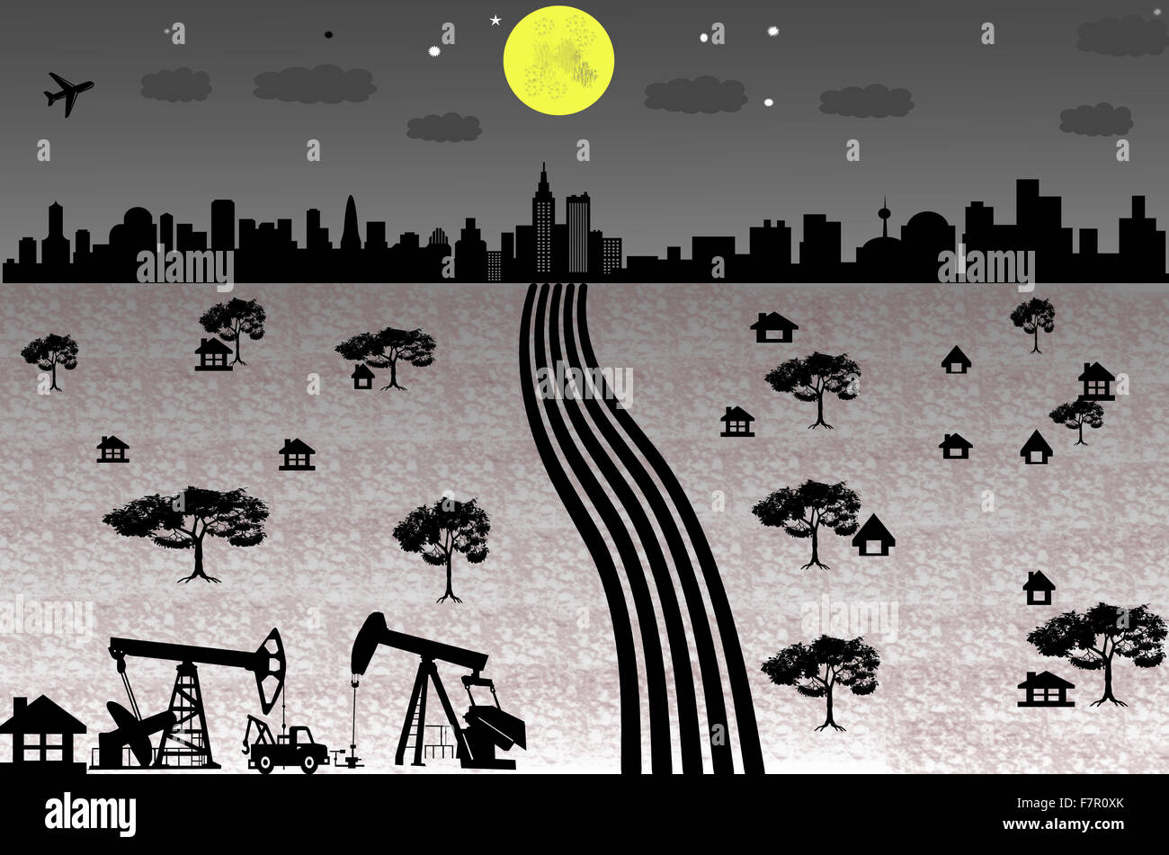 Cityscape of countryside in night time with full moon Stock Photo - Alamy