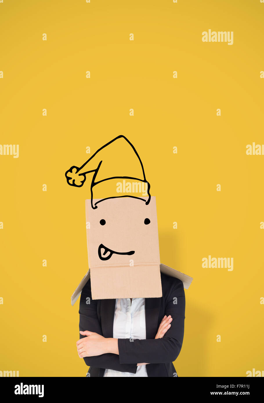 Composite image of businesswoman lifting box off head Stock Photo - Alamy