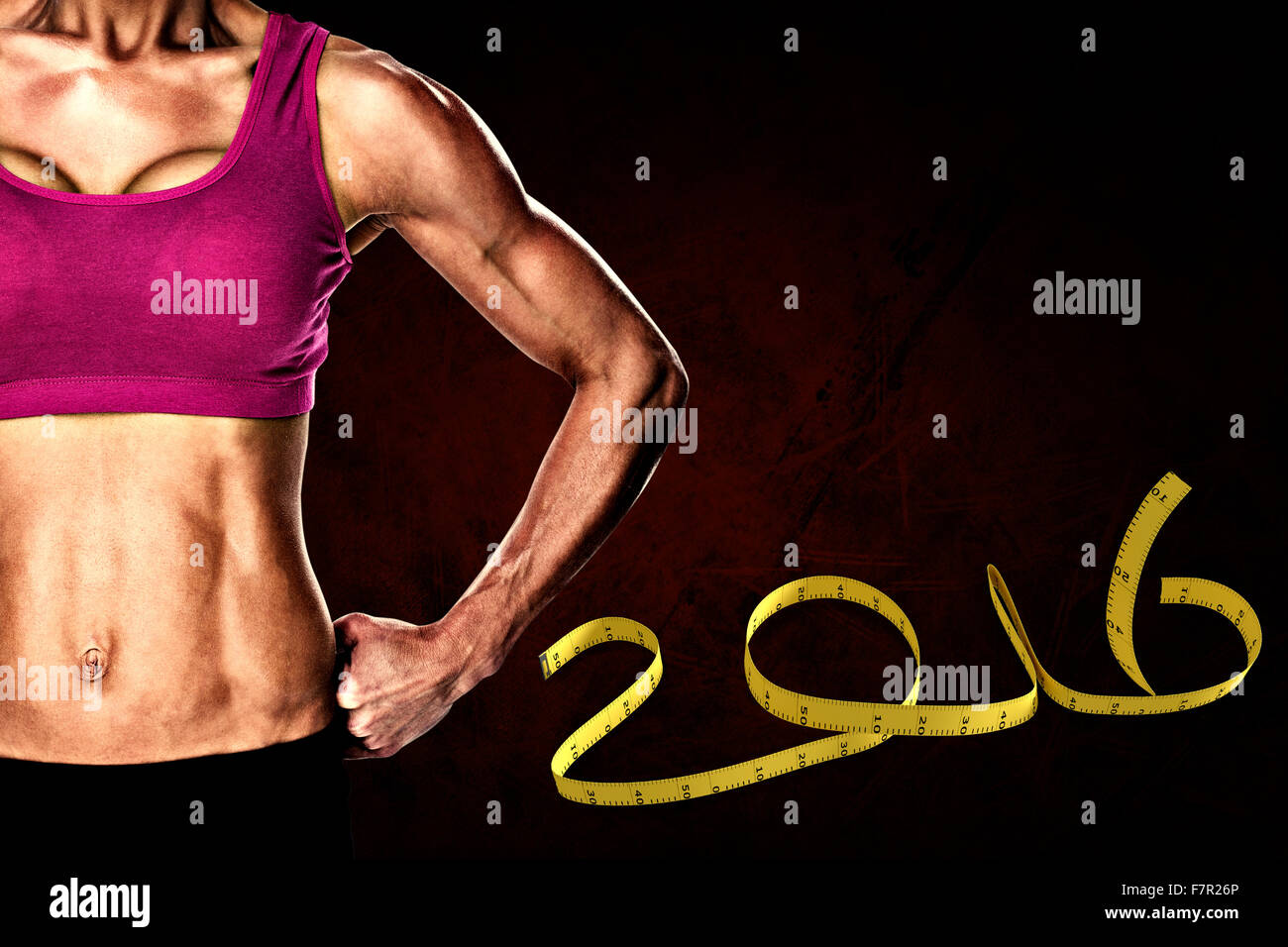 Composite image of female bodybuilder posing with hands on hips mid ...