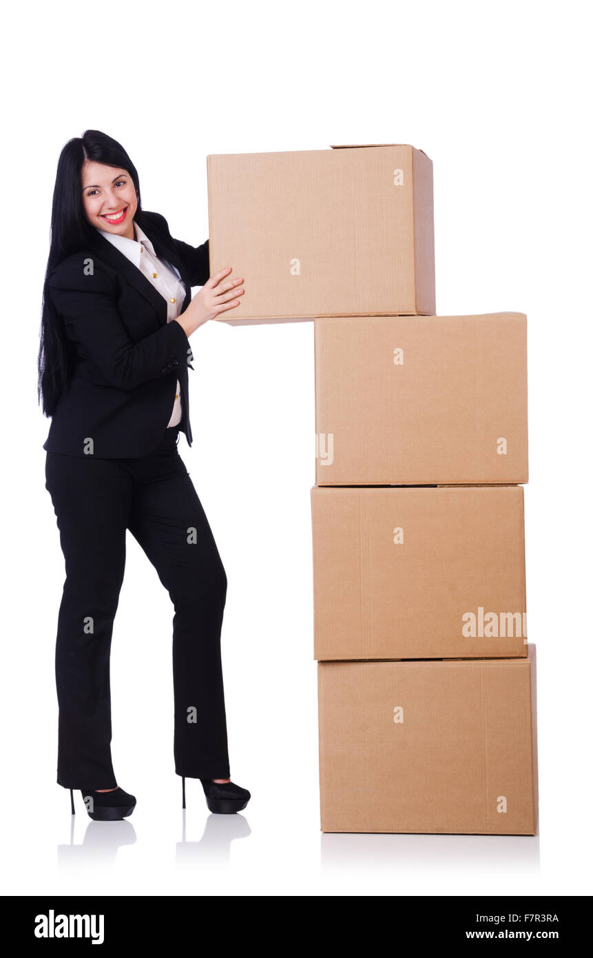 Woman with lots of boxes on white Stock Photo - Alamy