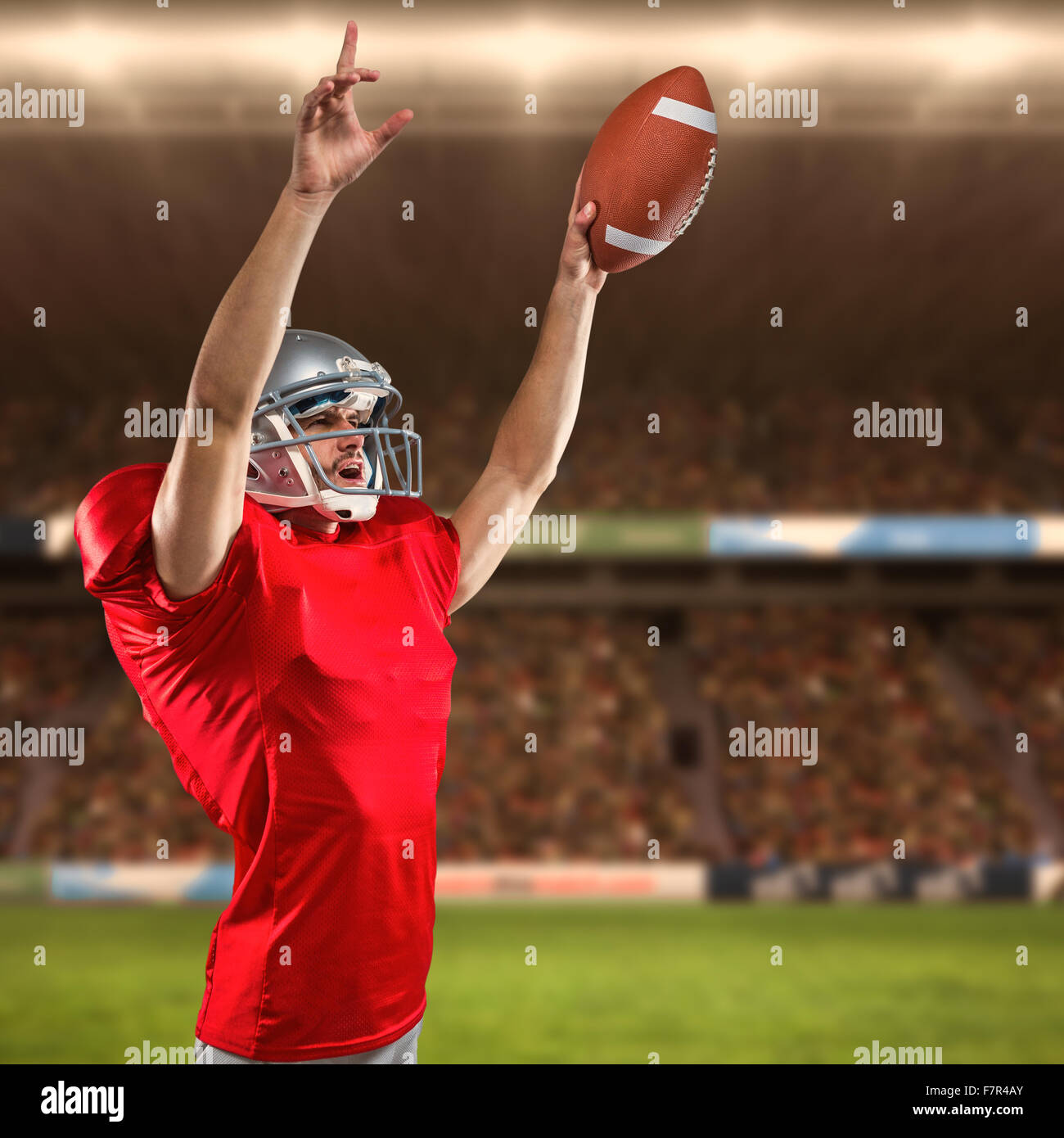 Composite image of american football player holding ball while pointing ...