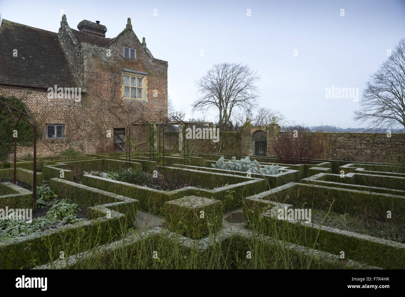 A winter's day in the White Garden at Sissinghurst Castle, Kent. Vita ...