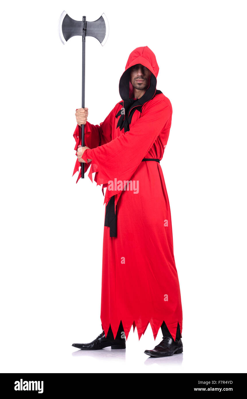 Executioner in red costume with axe on white Stock Photo - Alamy
