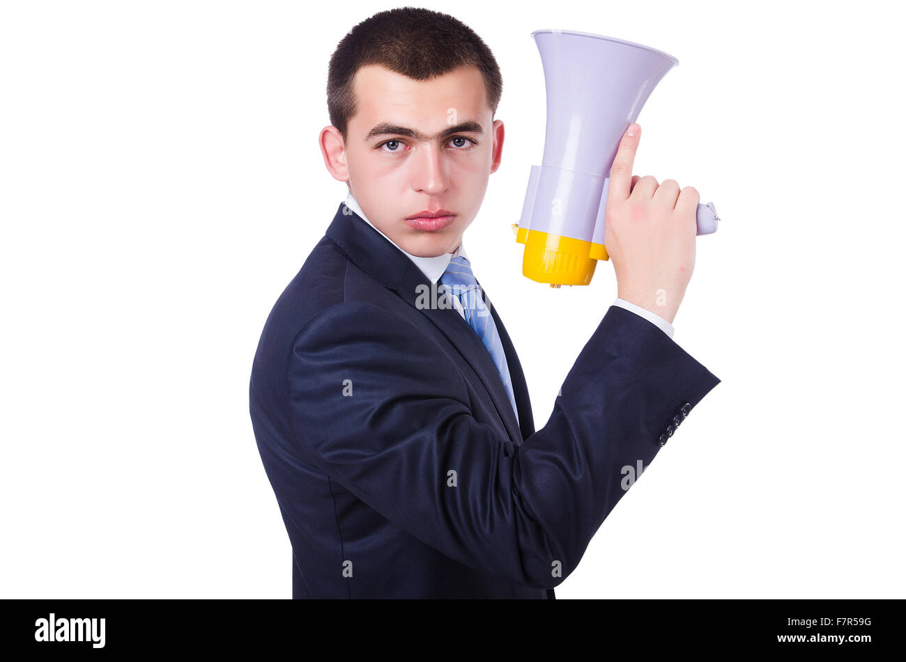 Man with loudspeaker isolated on white Stock Photo - Alamy