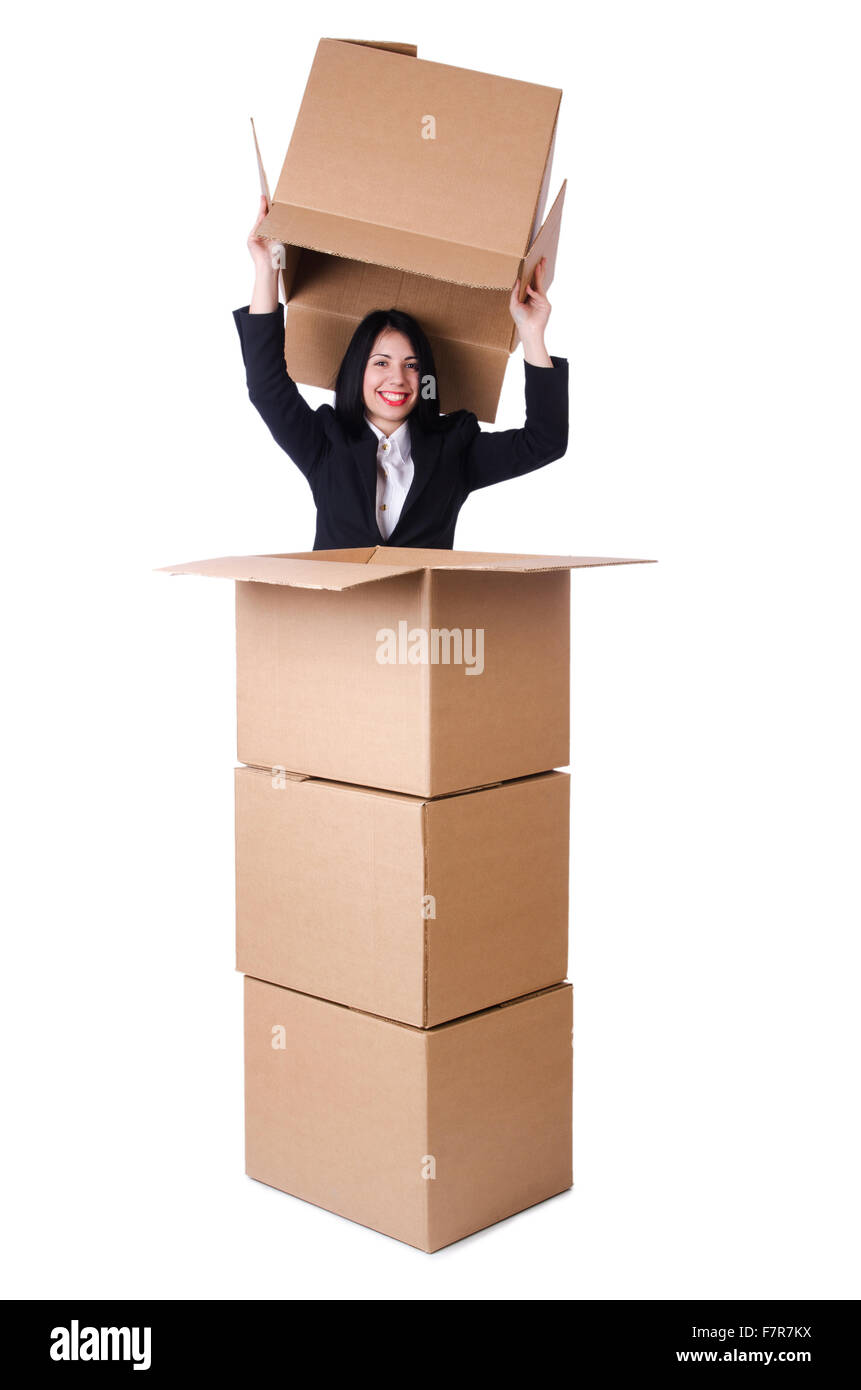 Woman with lots of boxes on white Stock Photo - Alamy