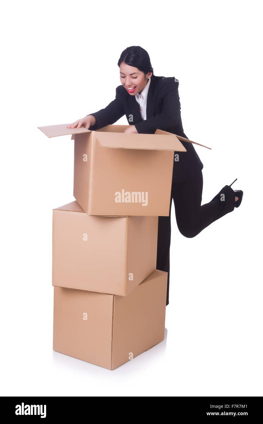 Woman with box on white Stock Photo - Alamy