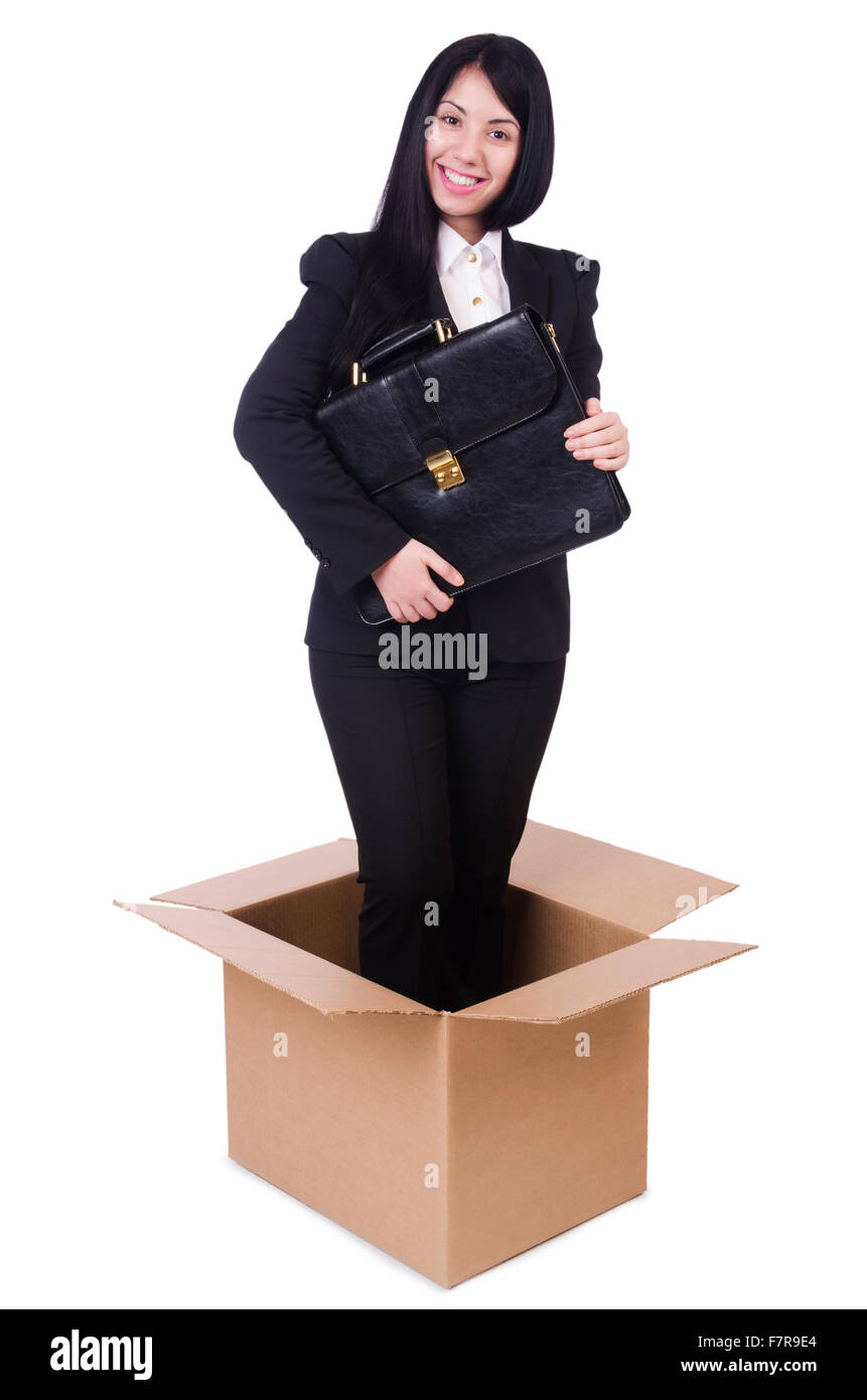 Businesswoman in thinking out of box concept Stock Photo - Alamy