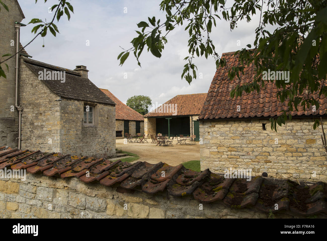 The farmyard at Woolsthorpe Manor, Lincolnshire. Woolsthorpe Manor was ...