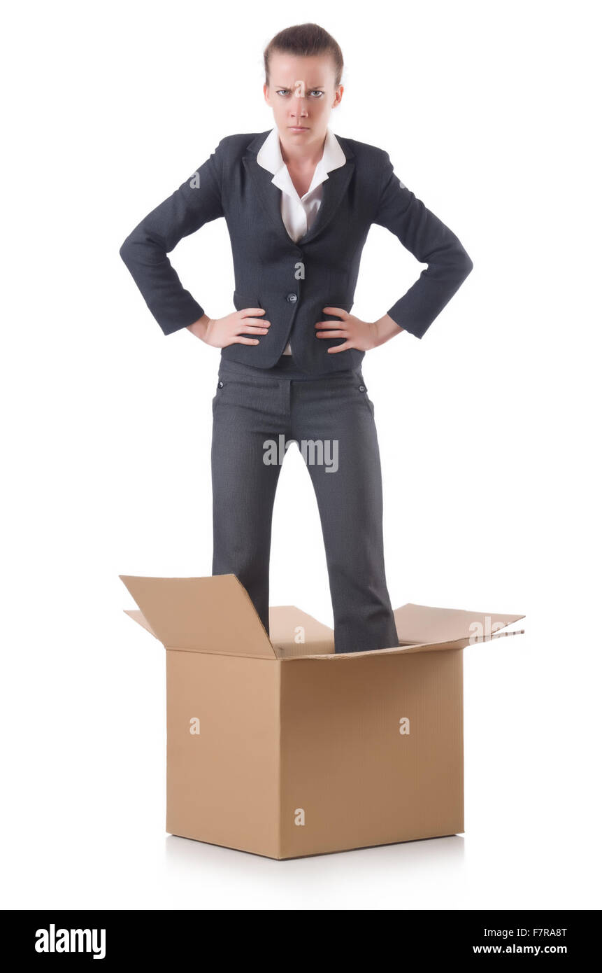 Woman with boxes on white Stock Photo - Alamy