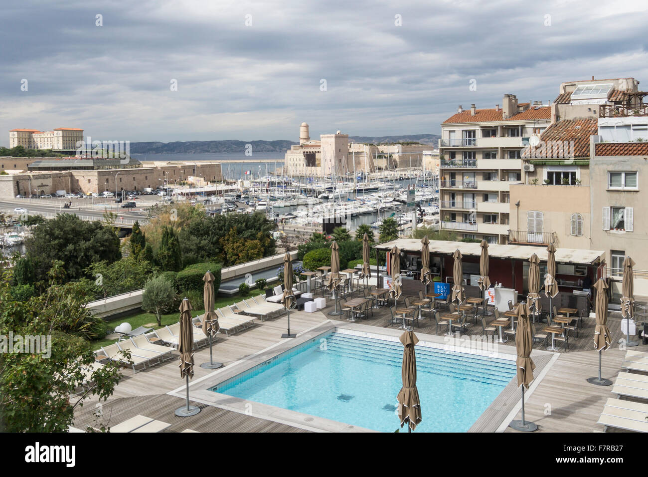 Hotel pool , vieux port, Fortress, Marseille Stock Photo - Alamy