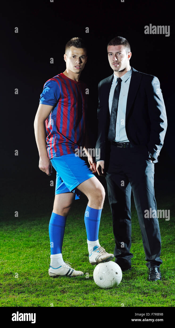soccer sport manager in business suit coach and football player on ...