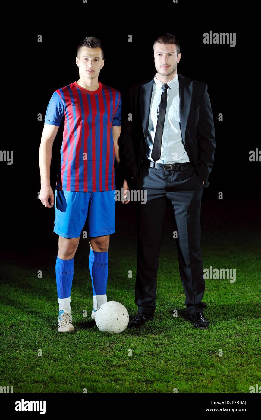 soccer sport manager in business suit coach and football player on ...