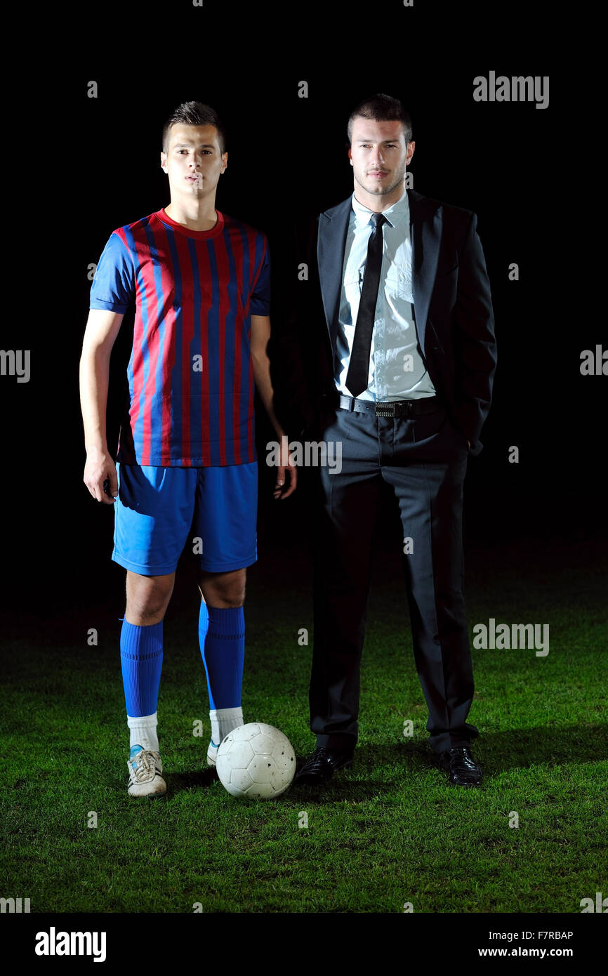 soccer sport manager in business suit coach and football player on ...