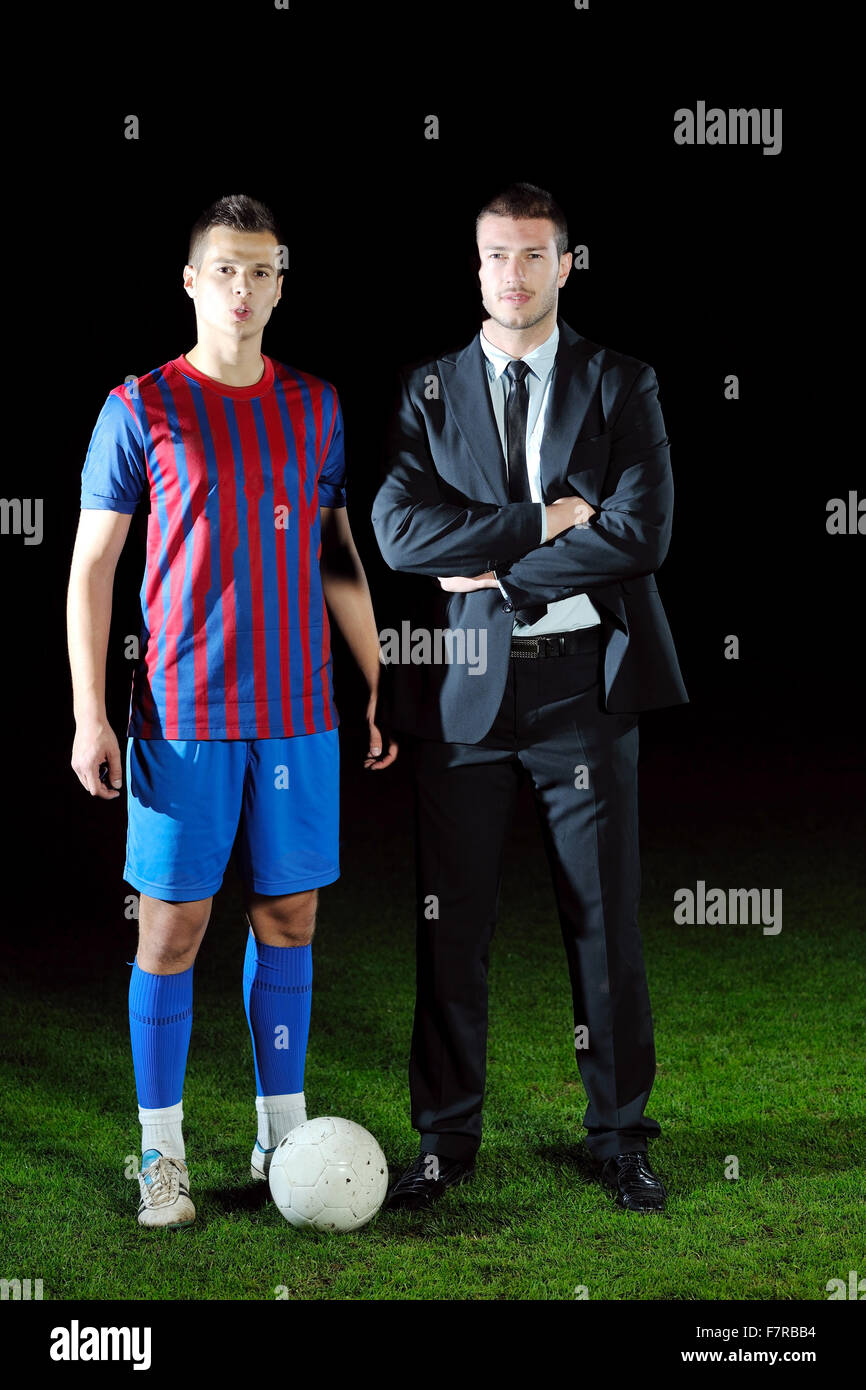 soccer sport manager in business suit coach and football player on ...