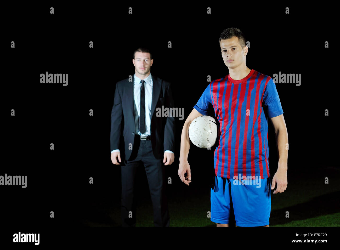 soccer sport manager in business suit coach and football player on ...